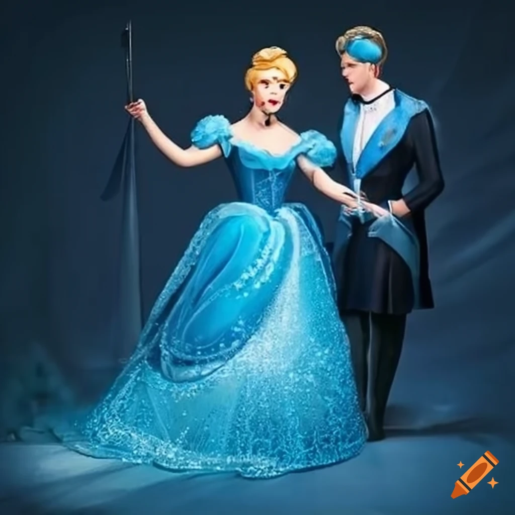 Cinderella in a blue tuxedo and glass slippers at a masquerade ball on Craiyon