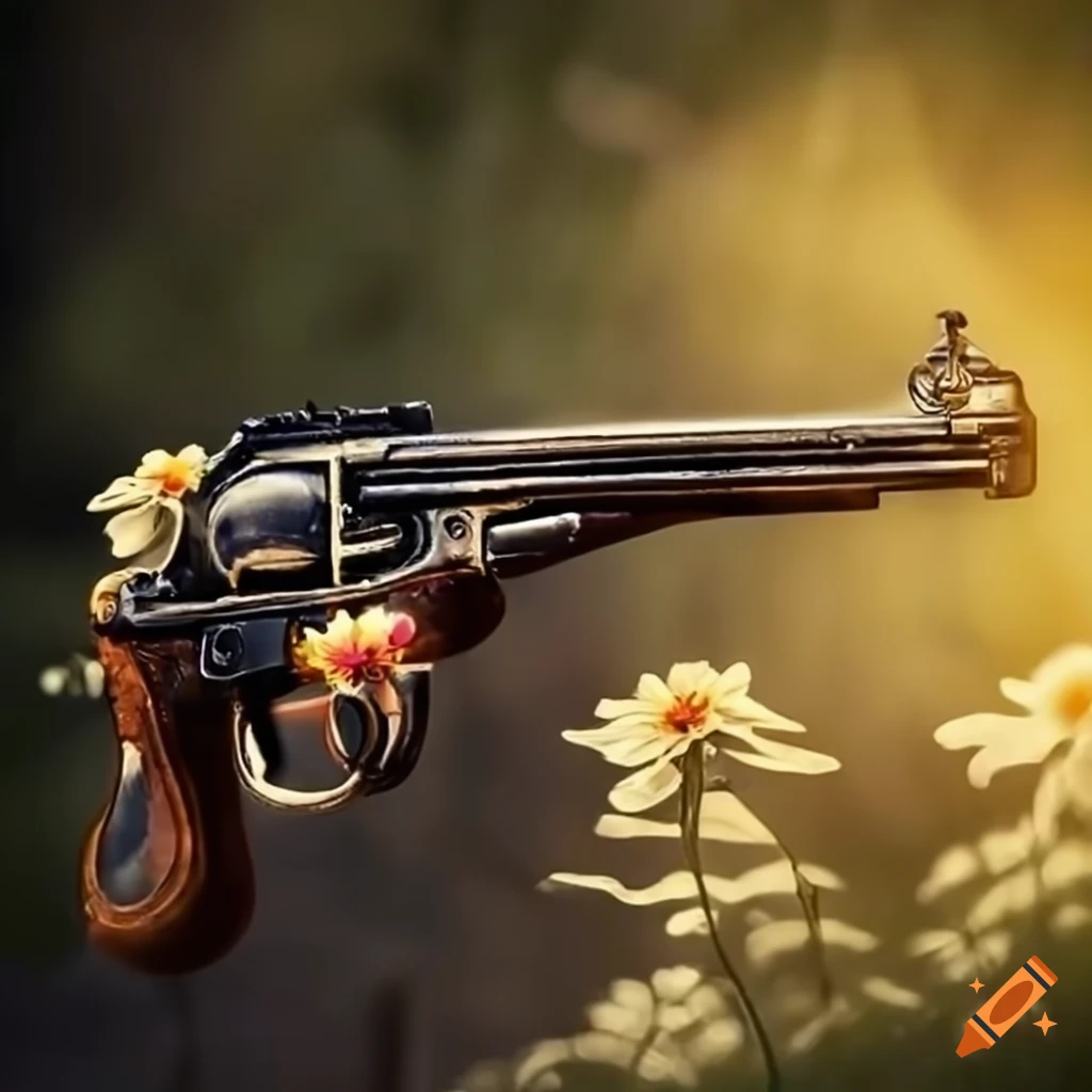 Vintage pistol among flowers and sunlight on Craiyon