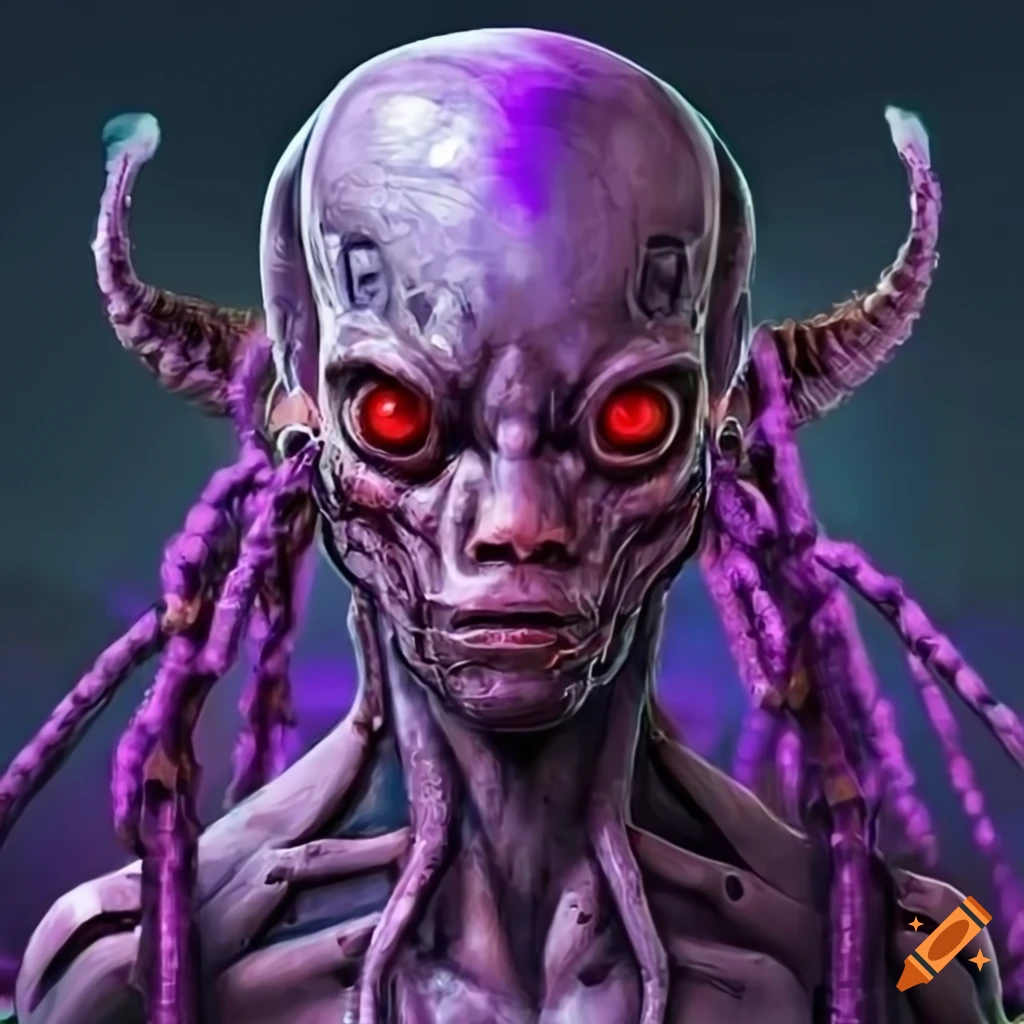 Fantastical alien warrior with purple skin and red cyborg eyes on Craiyon