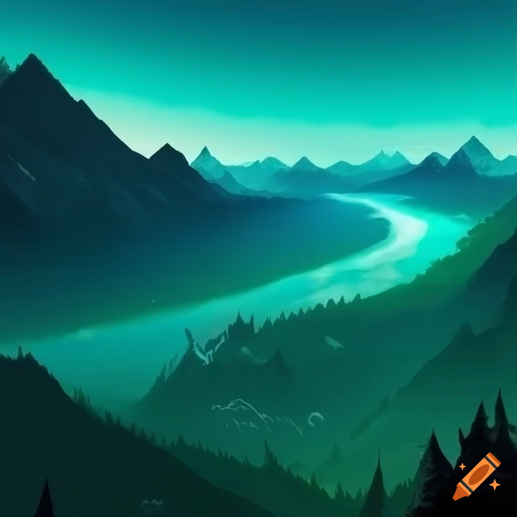 Epic fantasy landscape with towering mountains, rivers, and vast distances on Craiyon