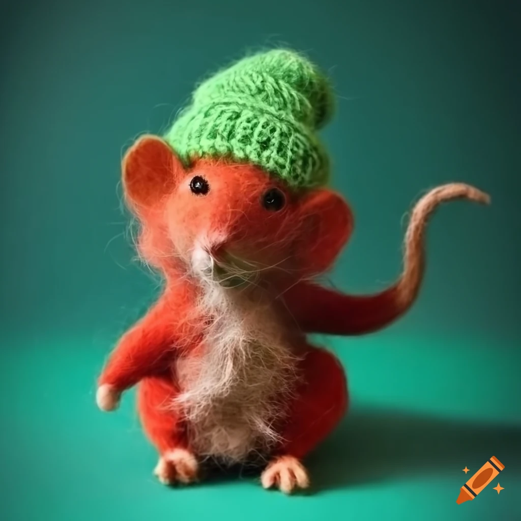 Red anthropomorphic rat with green knit hat made of felted wool on Craiyon