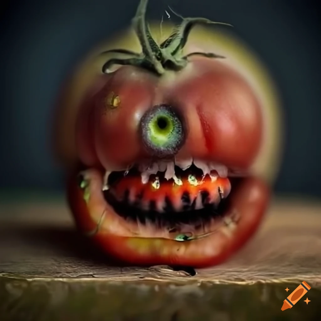Ultra-realistic close-up portrait of the rotten tomato fruit monster on ...