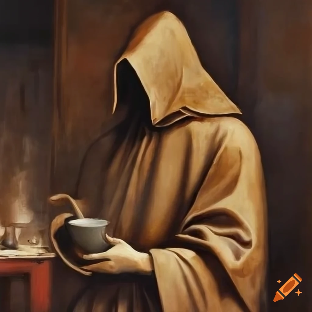 Medieval painting of a hooded monk with steaming cup of coffee on Craiyon