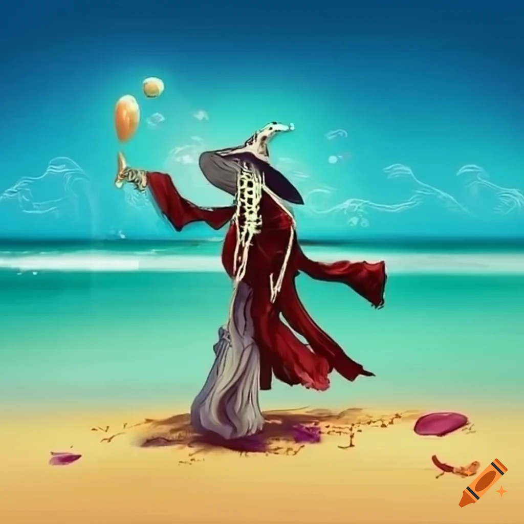 Skeleton wizard dancing on the beach on Craiyon