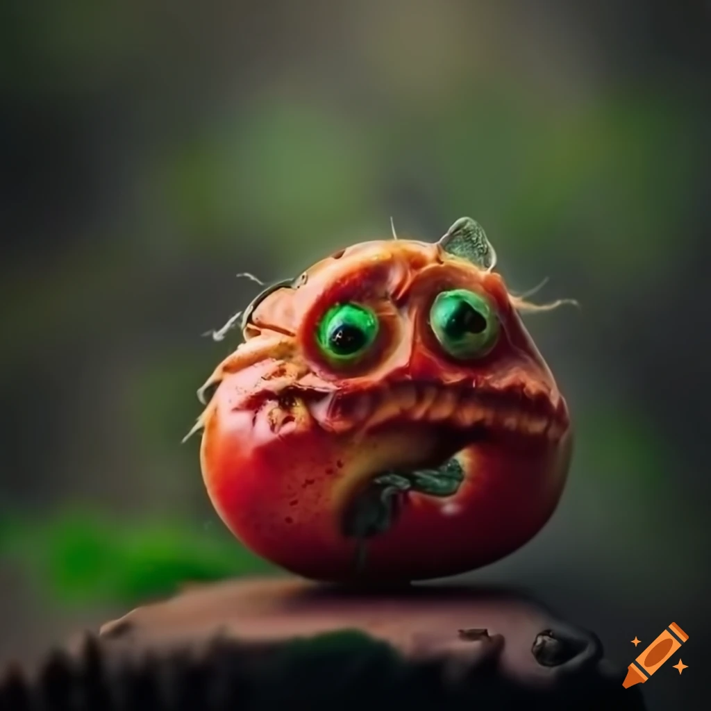 Close-up portrait of the rotten tomato fruit monster on Craiyon