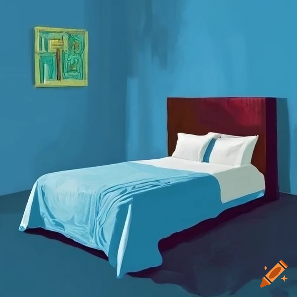 Artistic interpretation of a blue motel room with a blue bedspread on ...