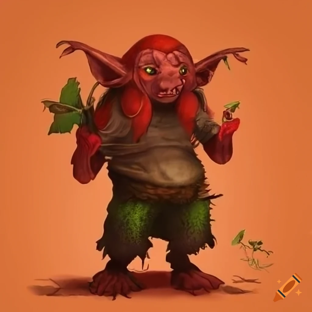 Illustration of a red-skinned goblin with tomato leaves for hair on Craiyon