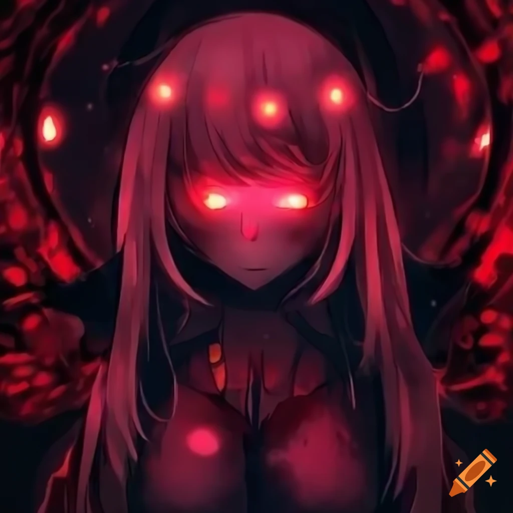 Cute anime girl with deep red eyes in a dark void on Craiyon
