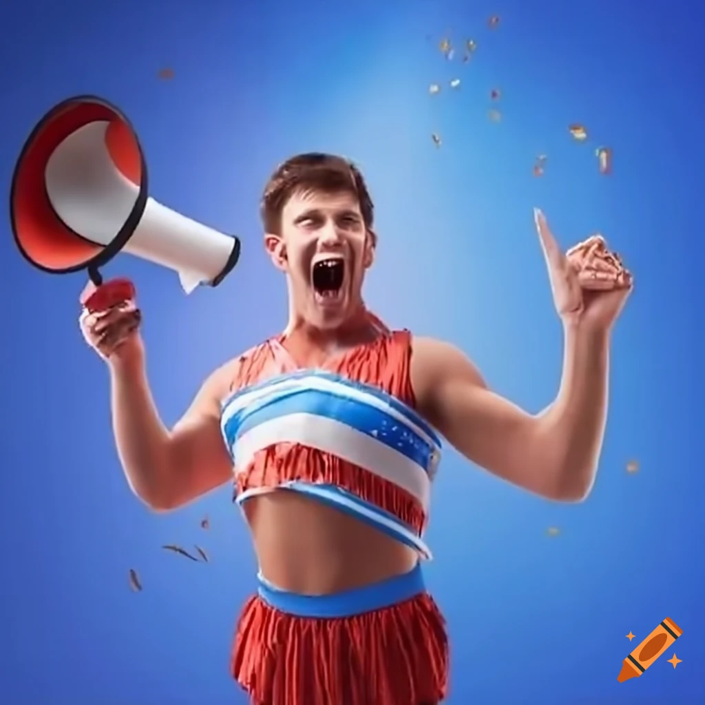 Male cheerleader yelling into a megaphone on Craiyon