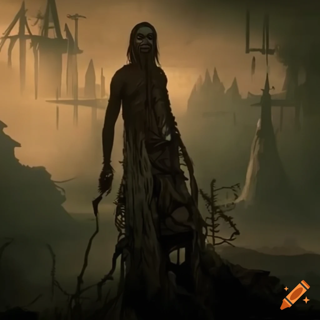 Native american gods on stilts in a post-apocalyptic landscape on Craiyon