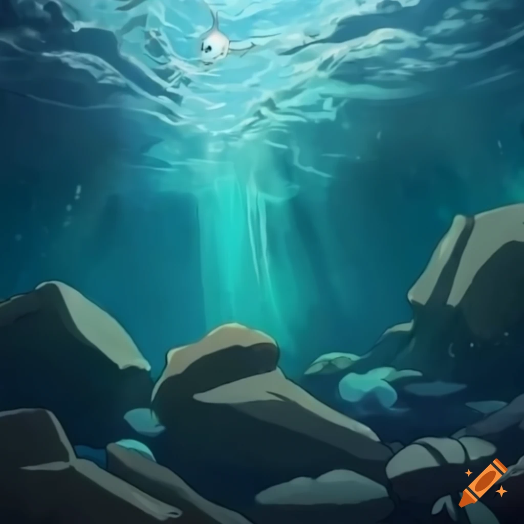 Deep sea underwater with rocks in anime style on Craiyon