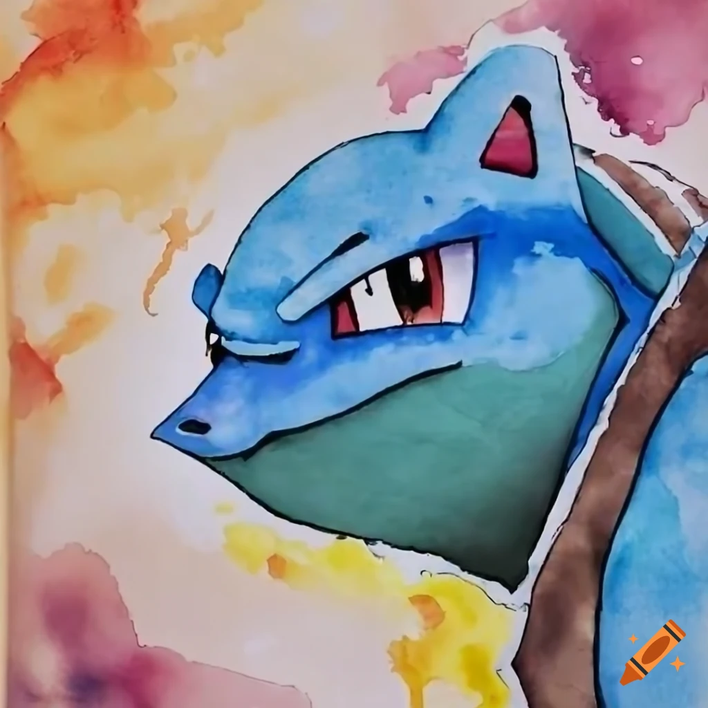 Watercolor painting of blastoise in a wide angle view on Craiyon