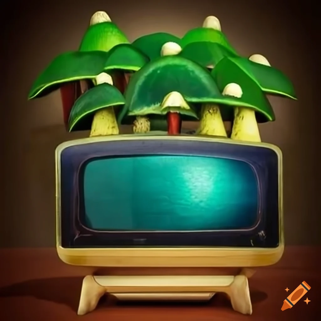 Vintage tv with mushrooms growing on it on Craiyon