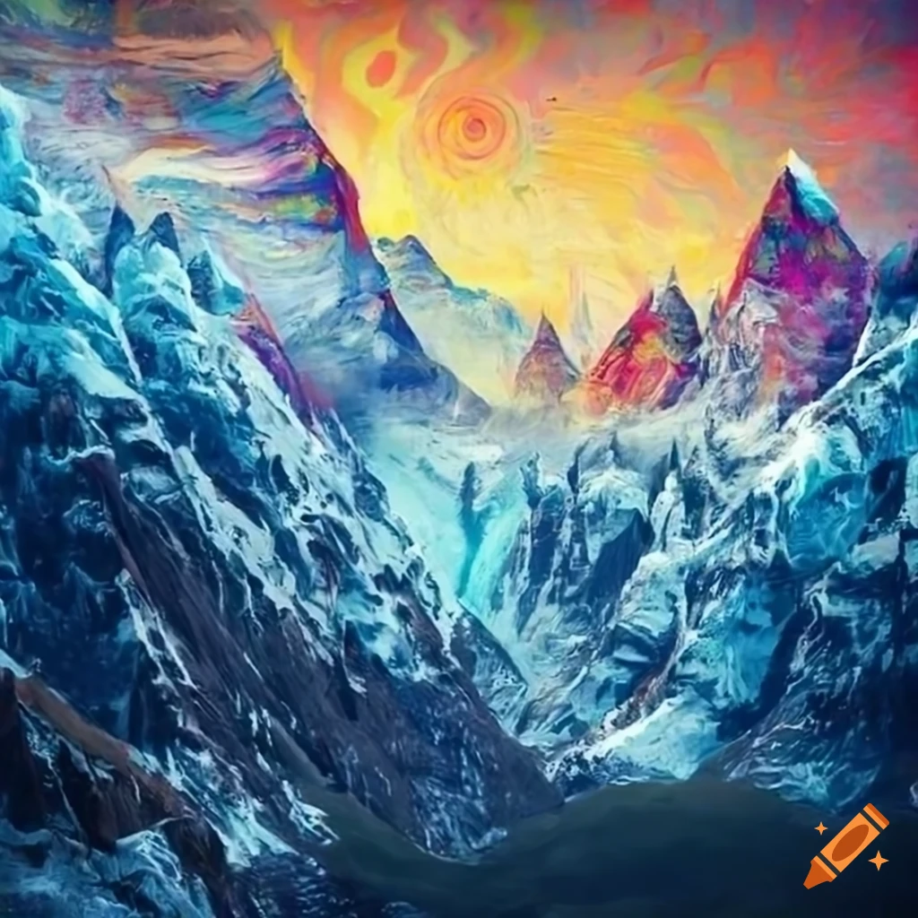 Hyperrealistic medieval climbers on steep icy cliffs with snowy ...