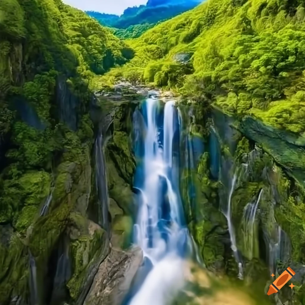 Aerial view of crystal clear waterfall in lush green mountains with ...