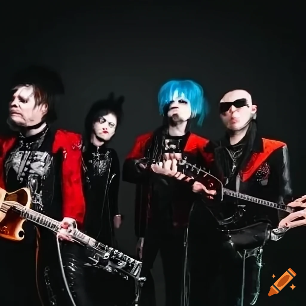 Blurred image of goth rock band in suits with instruments on Craiyon