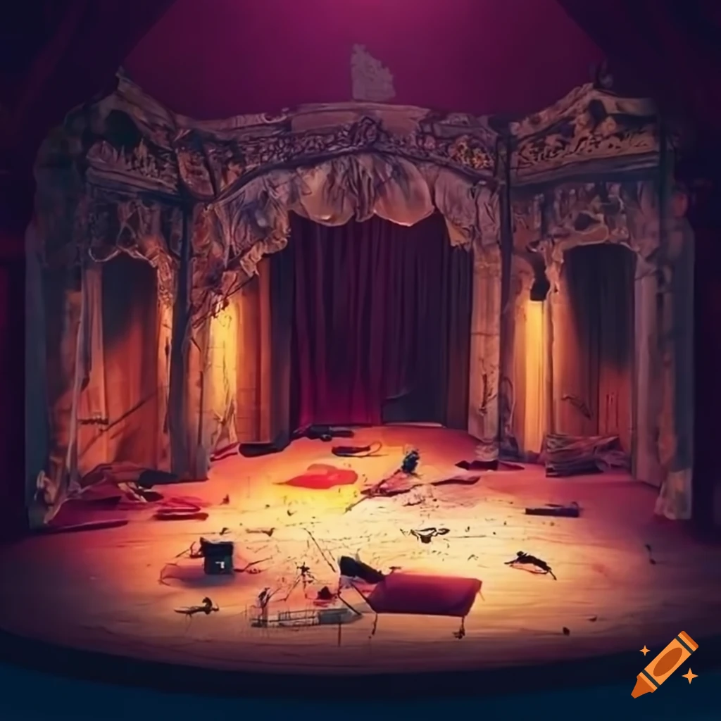 Messy and brightly lit theatre stage on Craiyon