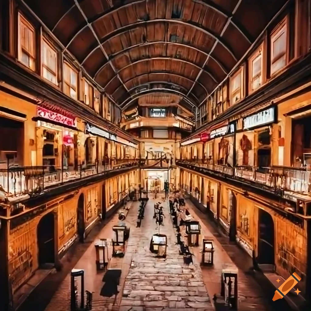 Old-style shopping center with classic brick walls, shops visible from ...