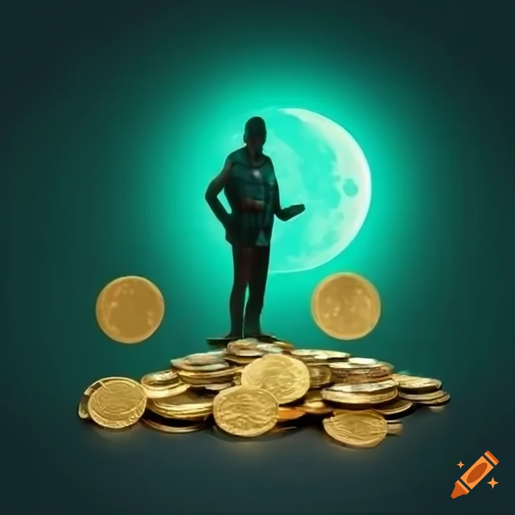 Artistic green crescent moon with man surrounded by gold coins on Craiyon