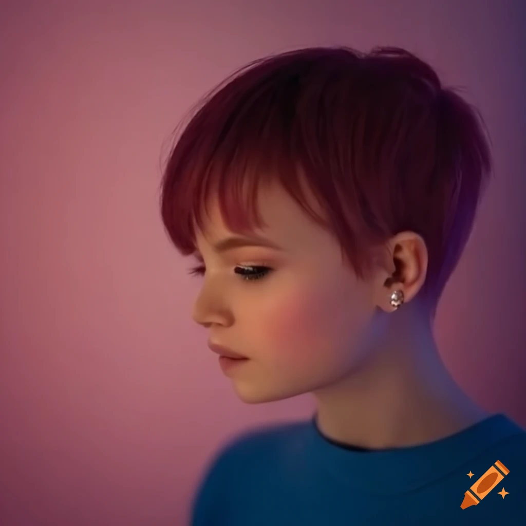 Cailee Spaeny with pixie haircut in blue-pink sweatshirt on Craiyon