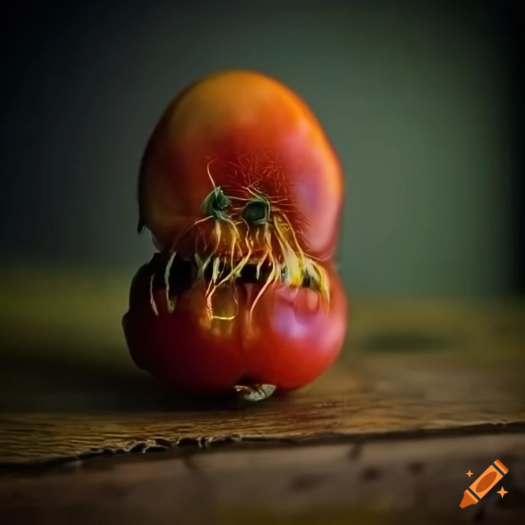 Ultra-realistic close-up portrait of the rotten tomato fruit monster on ...