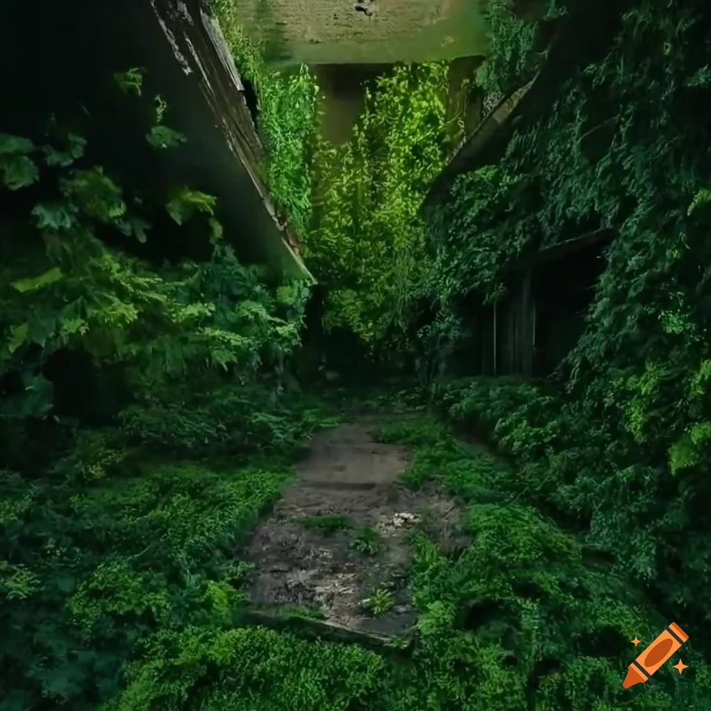 Abandoned German train station surrounded by overgrown greenery on Craiyon