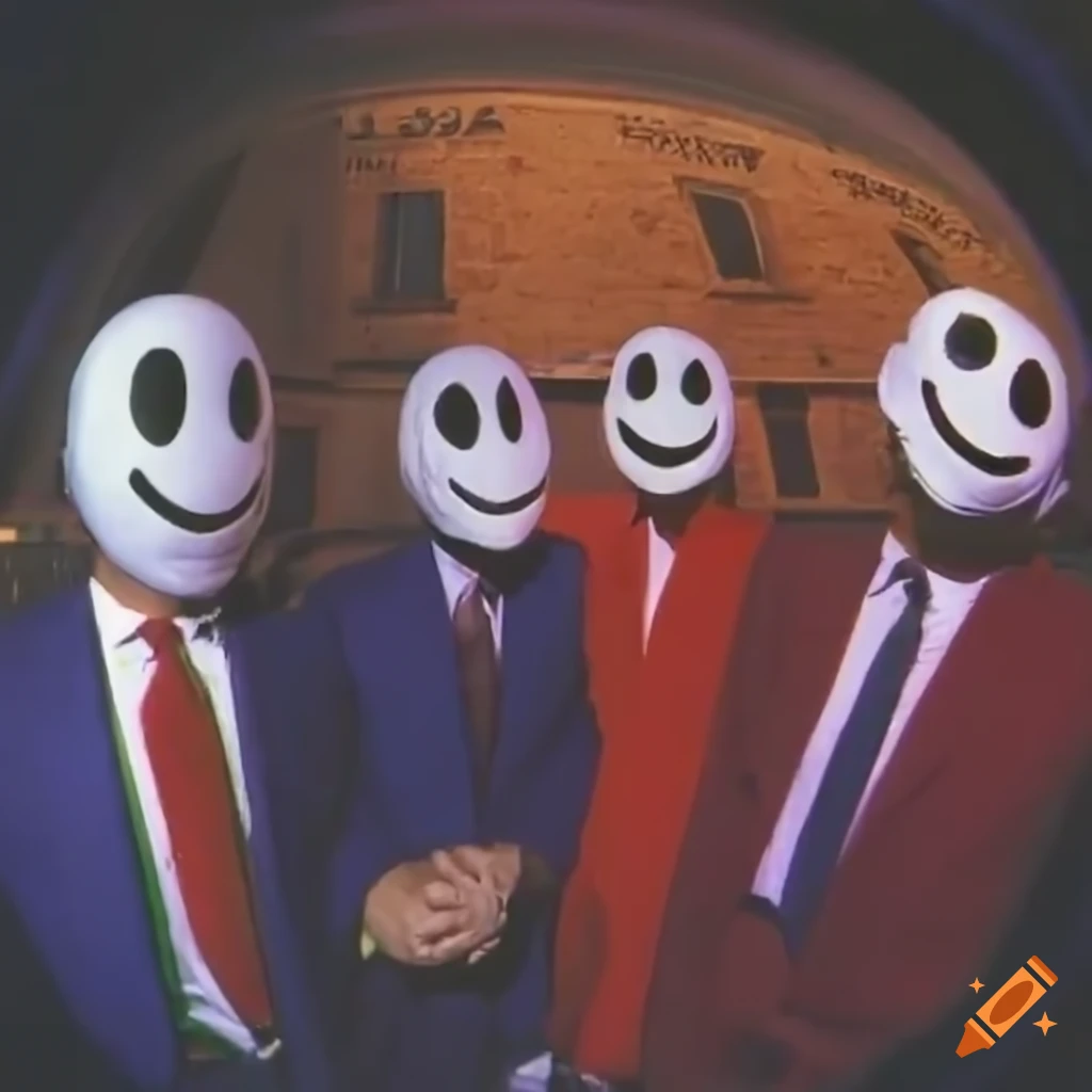 Four men in colorful suits and smiley masks taking a selfie in a ...