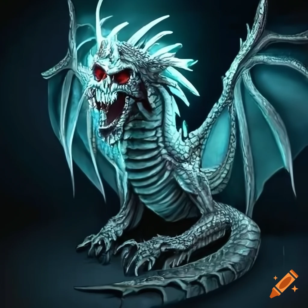 Bone dragon with glowing red eyes in an ancient greek setting on Craiyon