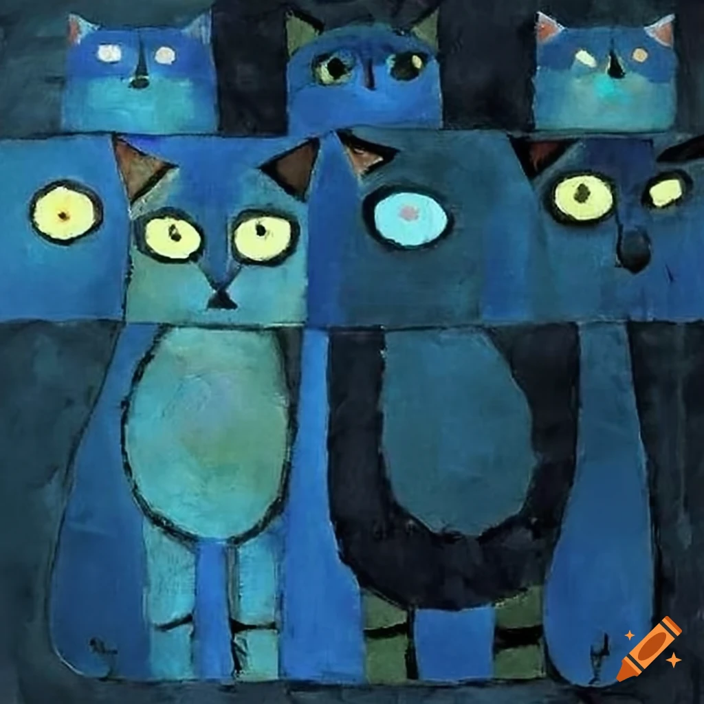 Three blue cats hunting in a museum at night - Abstract painting by ...