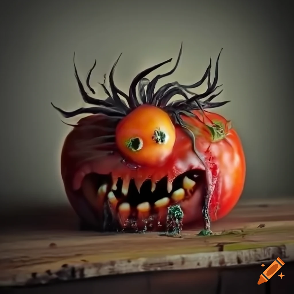 Close-up portrait of the rotten tomato fruit monster on Craiyon