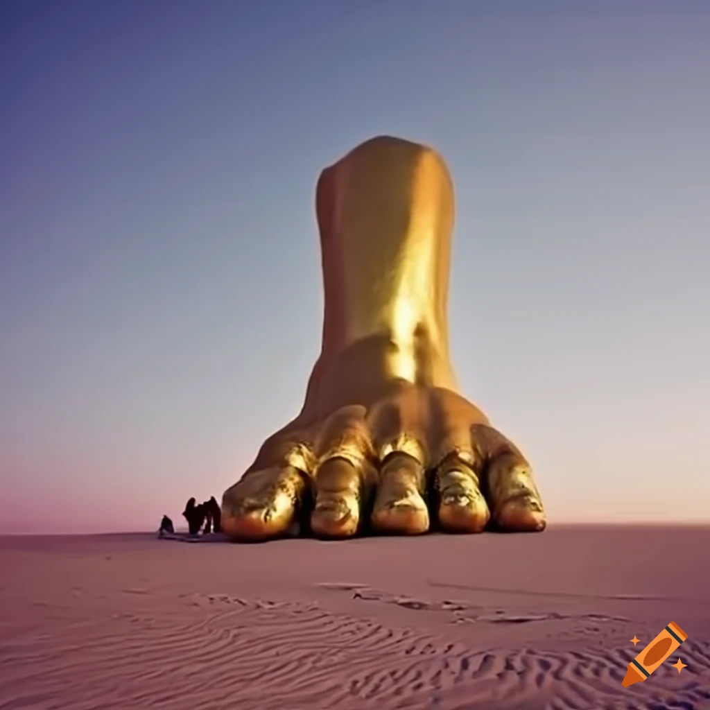 Three people praying in the desert in front of a giant gold foot on Craiyon