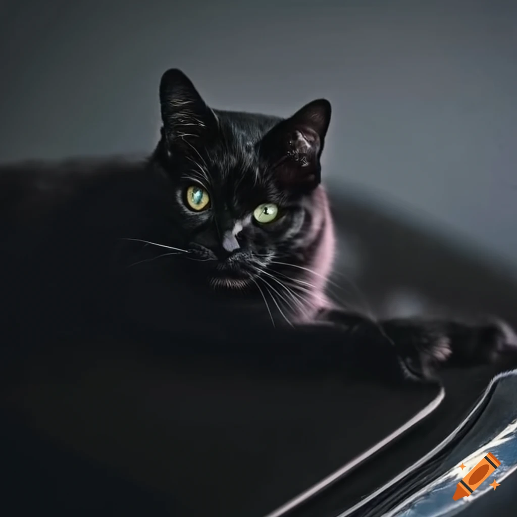 Black cat lying on top of a sleek bmw car on Craiyon