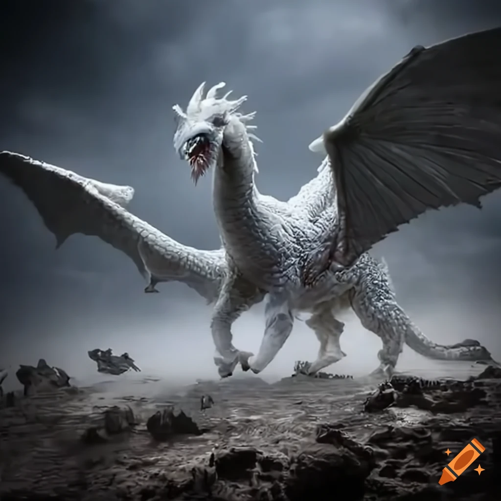 Ancient white dragon destroying mammoths in an epic scene on Craiyon