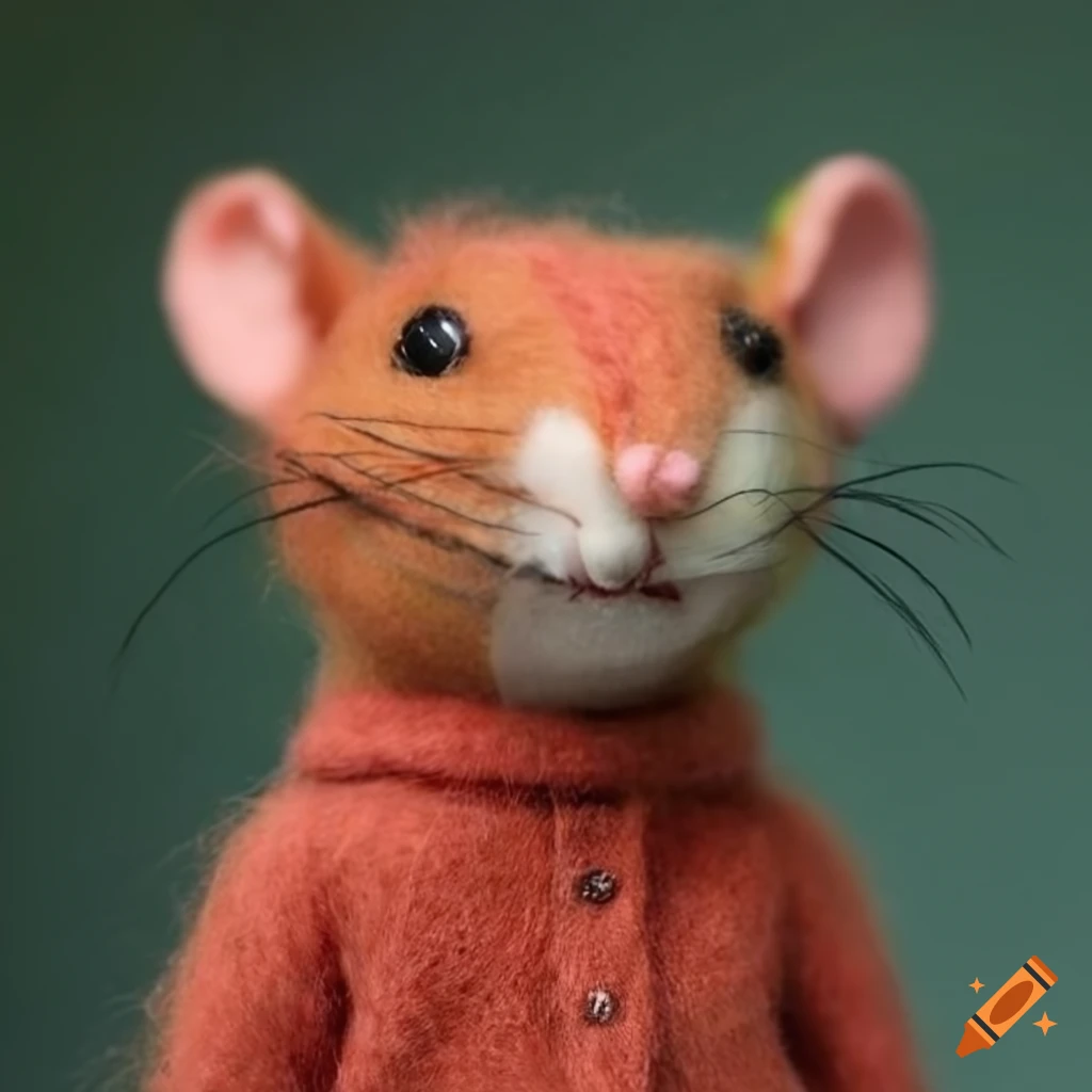 Felted wool anthropomorphic red rat wearing a green kit hat on Craiyon