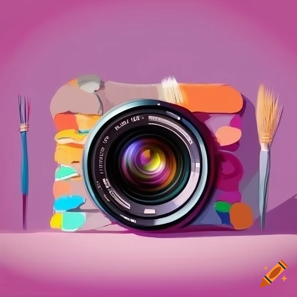 Creative logo with camera lens, brushes, and paint palettes on Craiyon
