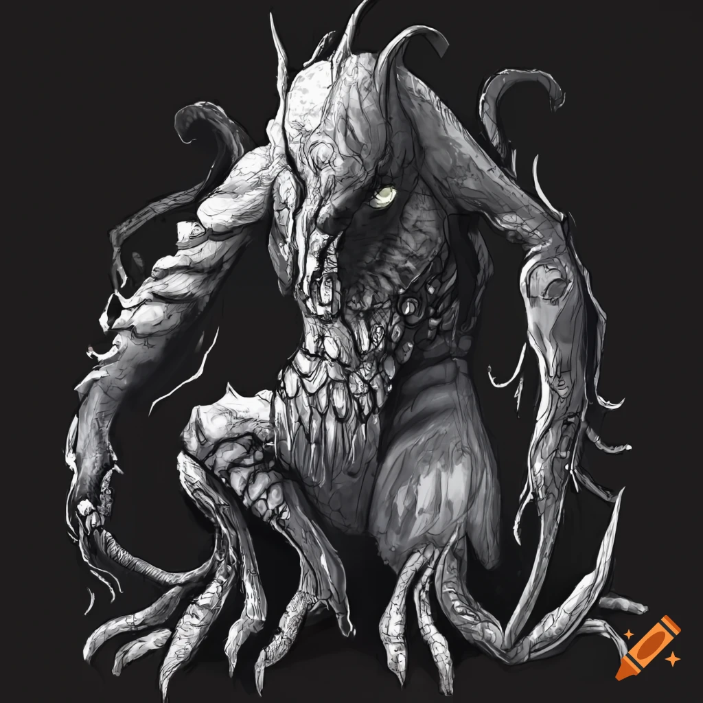 Uncanny slug hybrid in a lovecraftian monochrome sketch on Craiyon