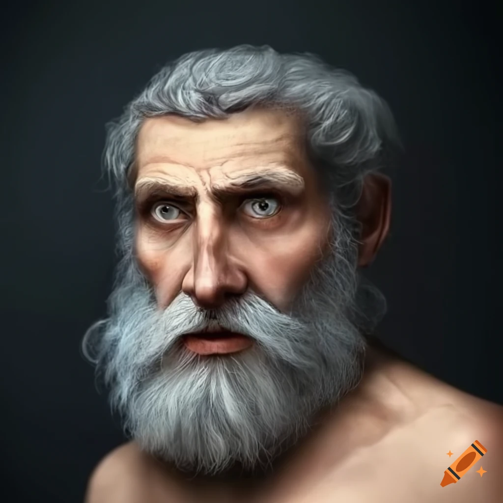 Ancient greek man with short hair and long greying beard on Craiyon