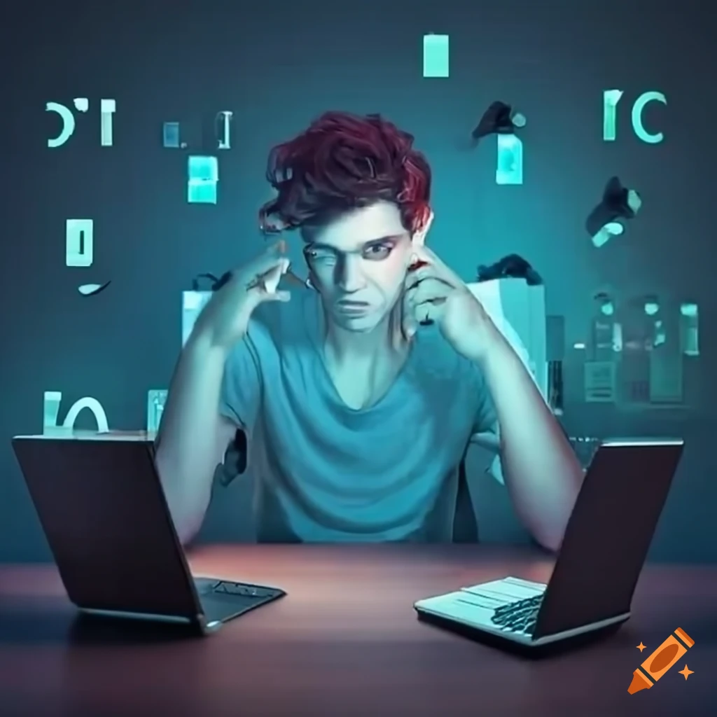 Man working on multiple computer screens with text on Craiyon