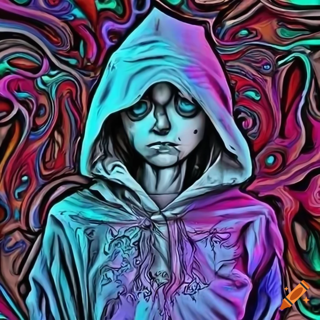 Hooded person in a trippy and sad setting on Craiyon