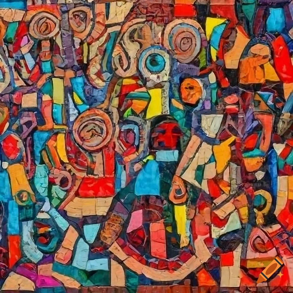 Abstract mosaic painting of people in a maze on Craiyon