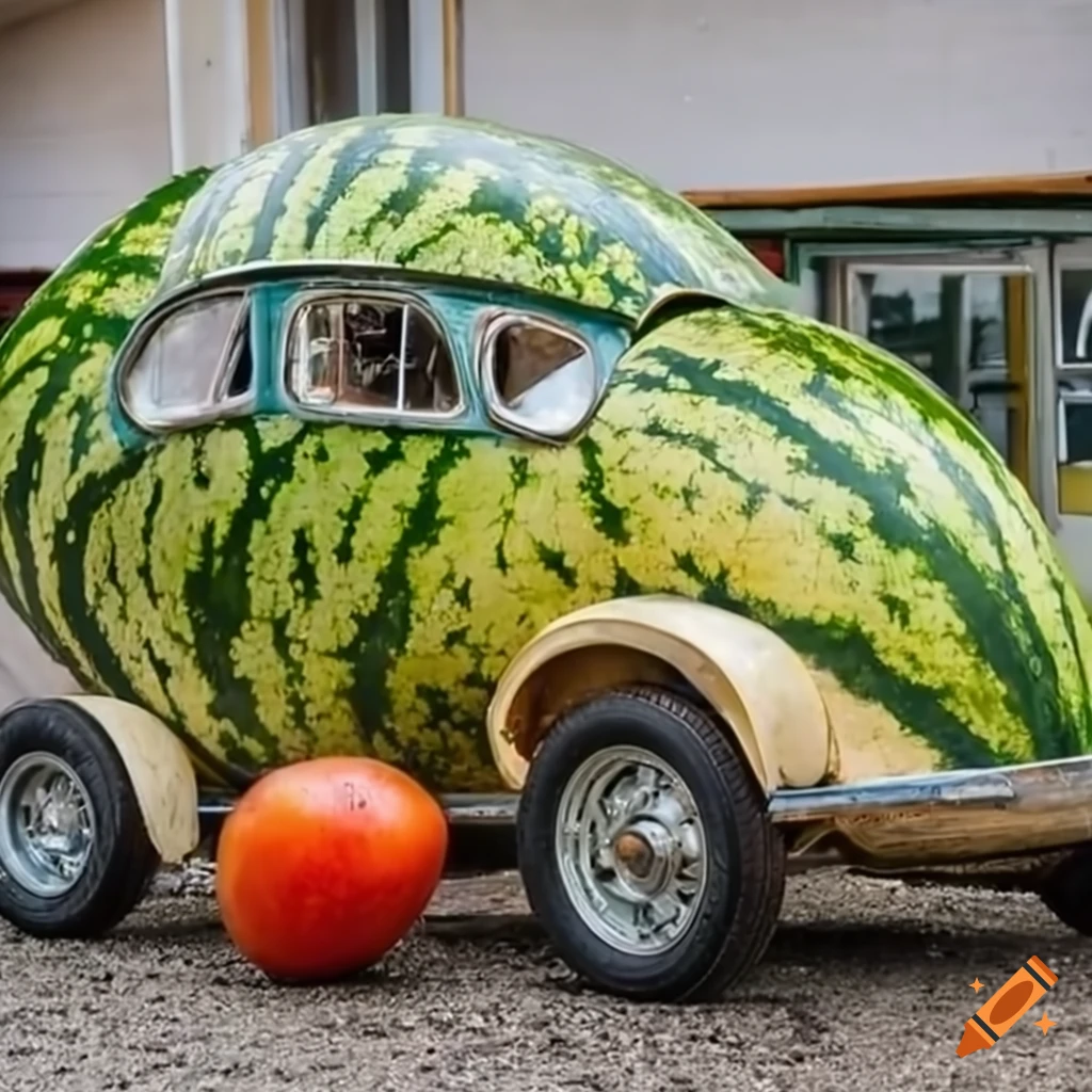 Old car made of watermelon and tomatoes with realistic textures on Craiyon