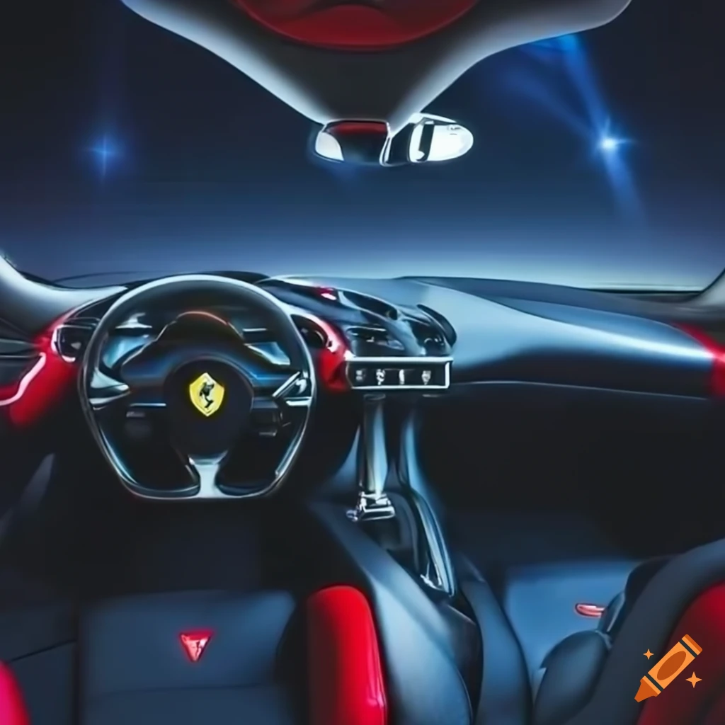 Luxurious interior of a Ferrari car under a starlit night sky in 8K ...
