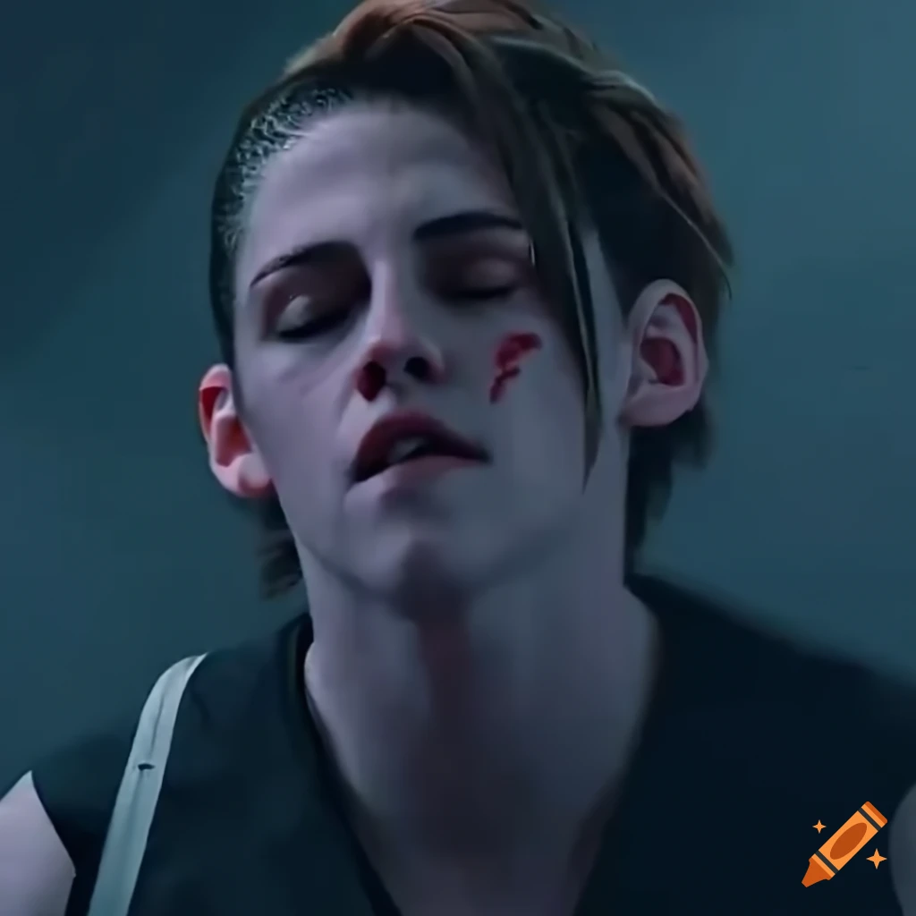 Bruised Kristen Stewart in a movie fight scene on Craiyon