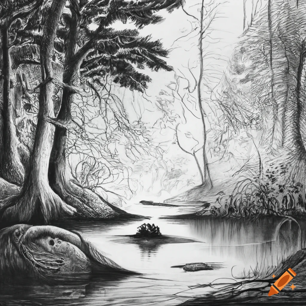 Pencil drawing or black and white engraving of a surreal nature scene ...