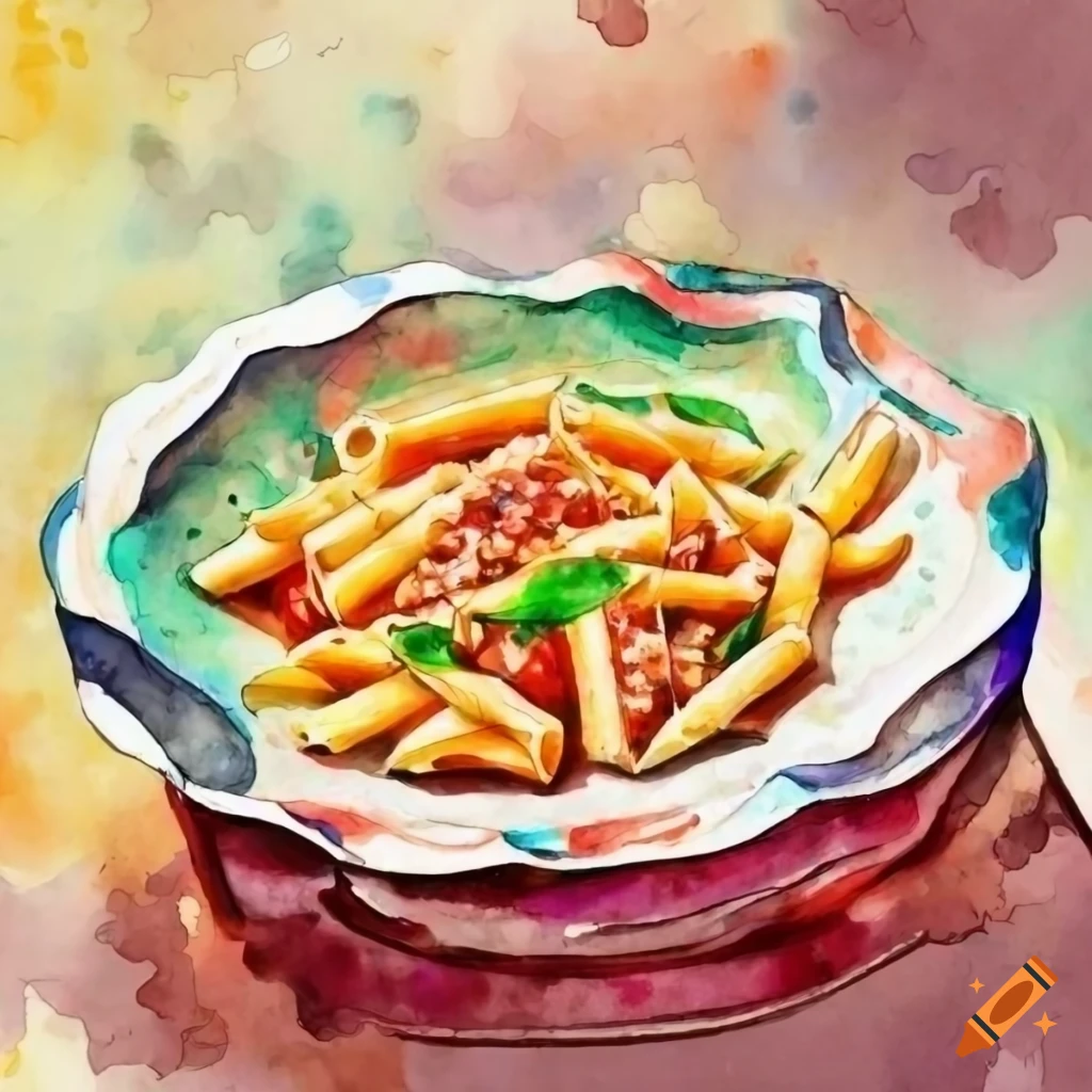 Plate of penne pasta with creamy white sauce watercolor illustration on ...