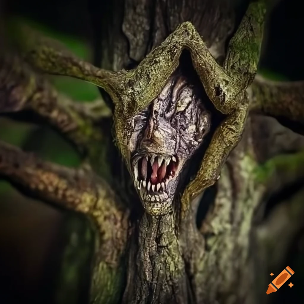 Close-up portrait of the rotten tree monster in hyper-realistic micro ...