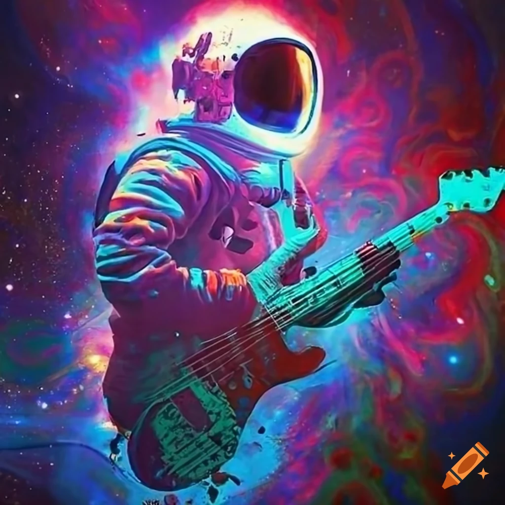 Astronaut playing a bass guitar on a satellite in outer space with ...