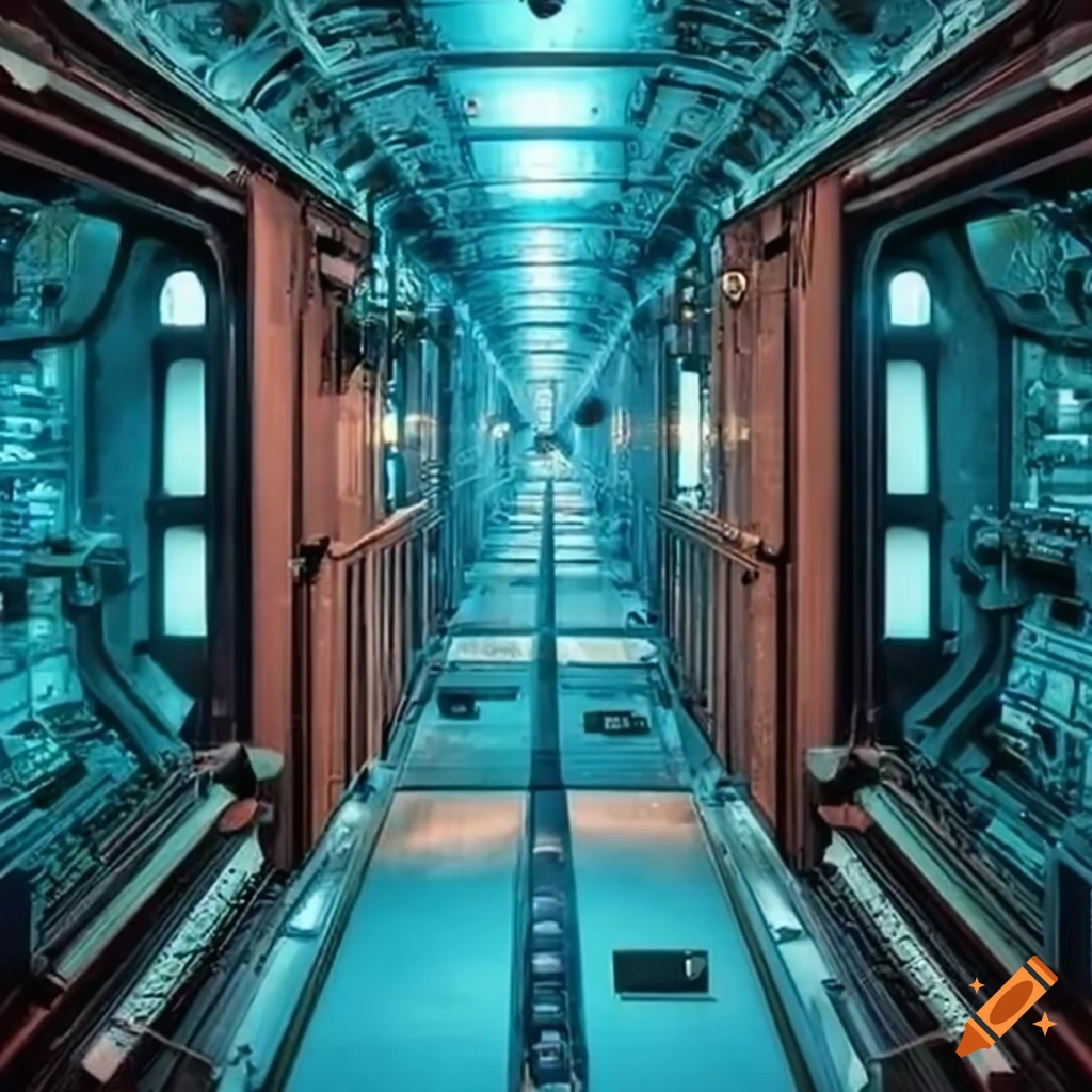 Submarine corridor with observation windows and control panels on Craiyon