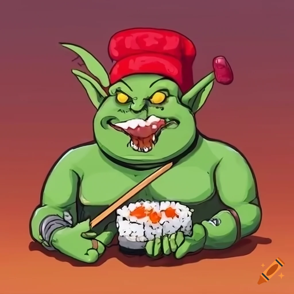 Chubby goblin with a red hat enjoying sushi on Craiyon