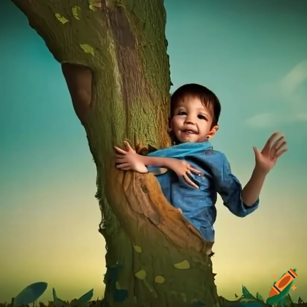 Boy breaking free from inside a tree with happy children around on Craiyon